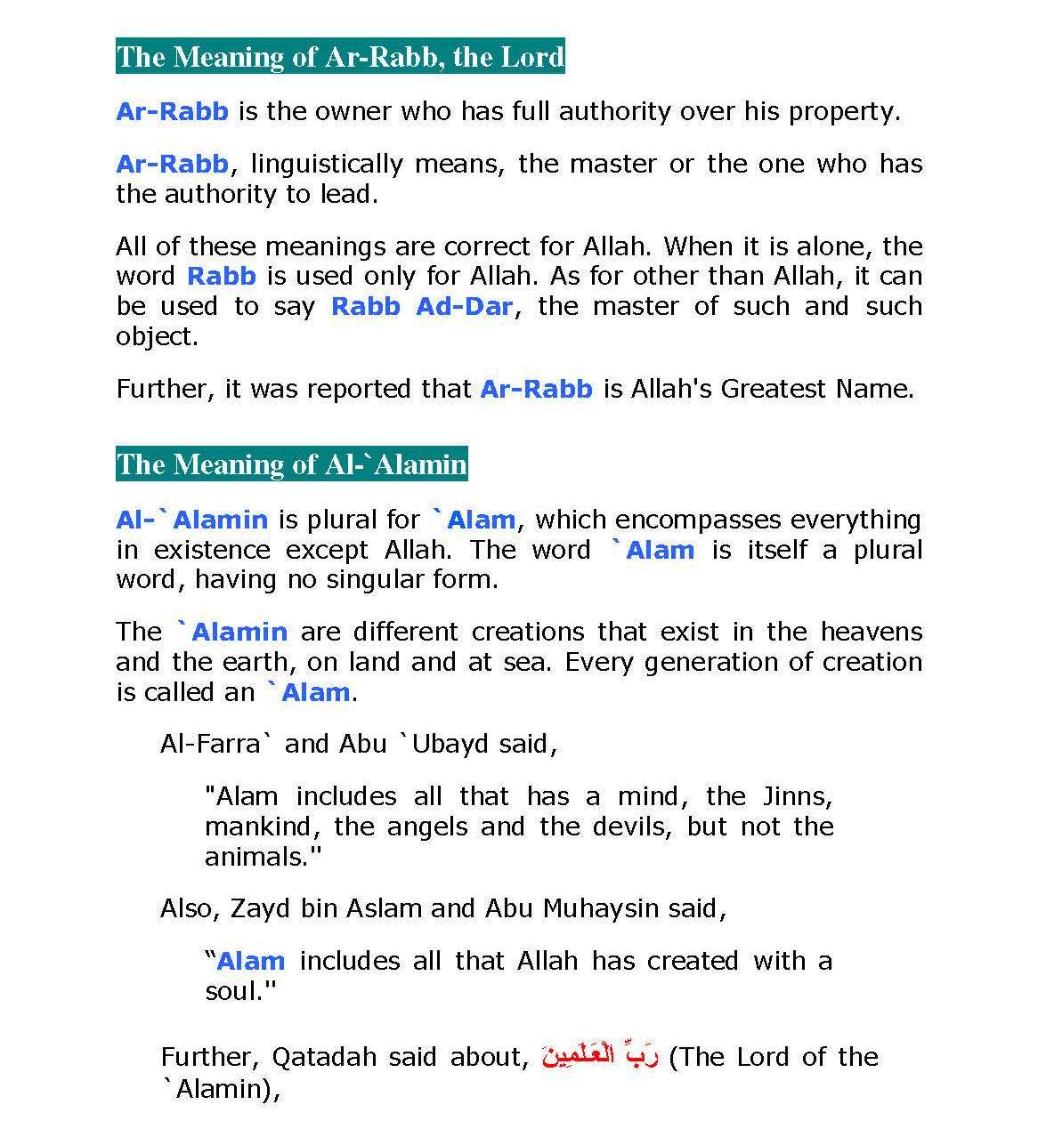The Meaning of Ar-Rabb, the Lord and Al-`Alamin – Aale Ziaulnafszaki
